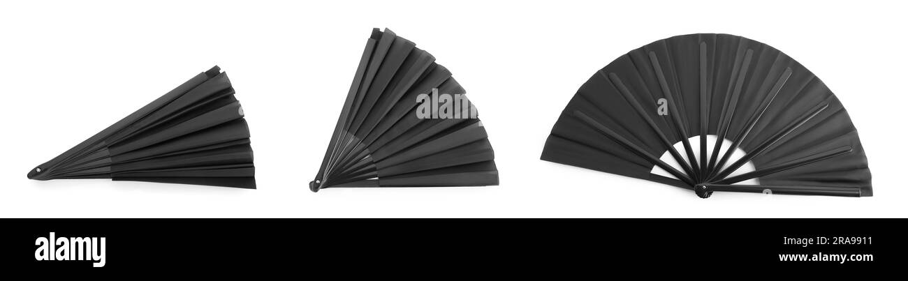 Collage with black hand fan on white background, different sides Stock ...