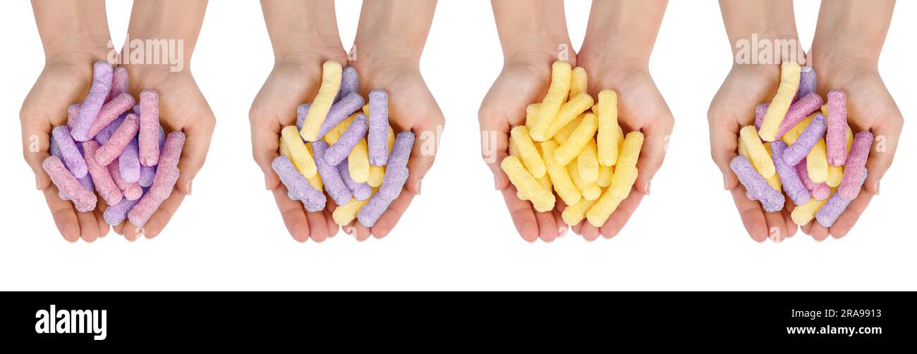 Photos of woman with colorful corn puffs on white background, top view ...