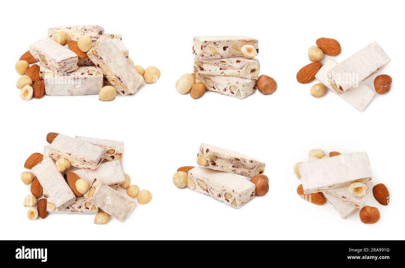 Delicious nougat with nuts on white background, top and side views ...
