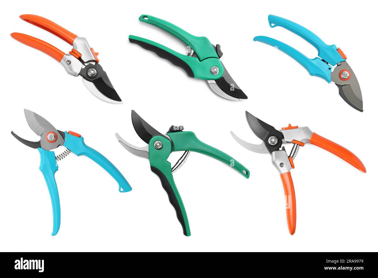 Collage with different color secateurs on white background. Gardening tool Stock Photo - Alamy