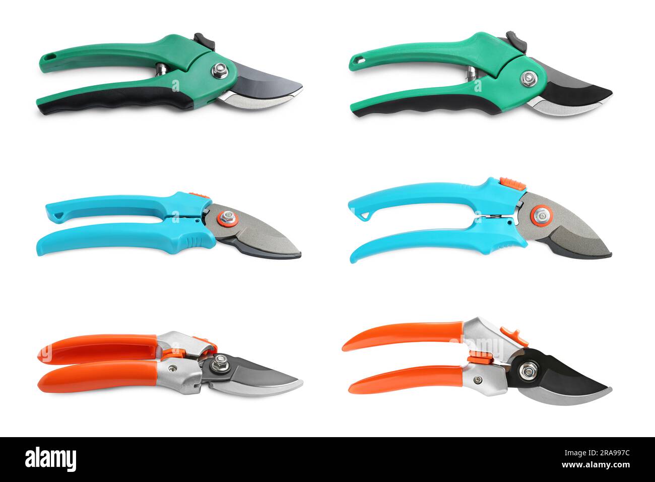 Collage t with different color secateurs on white background. Gardening tool Stock Photo - Alamy