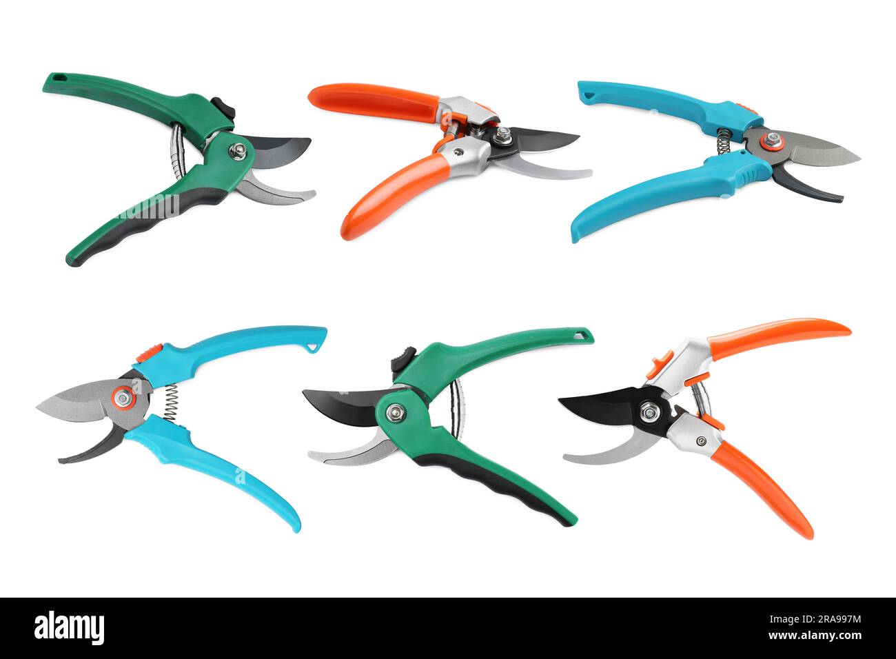 Collage with different color secateurs on white background. Gardening tool Stock Photo - Alamy