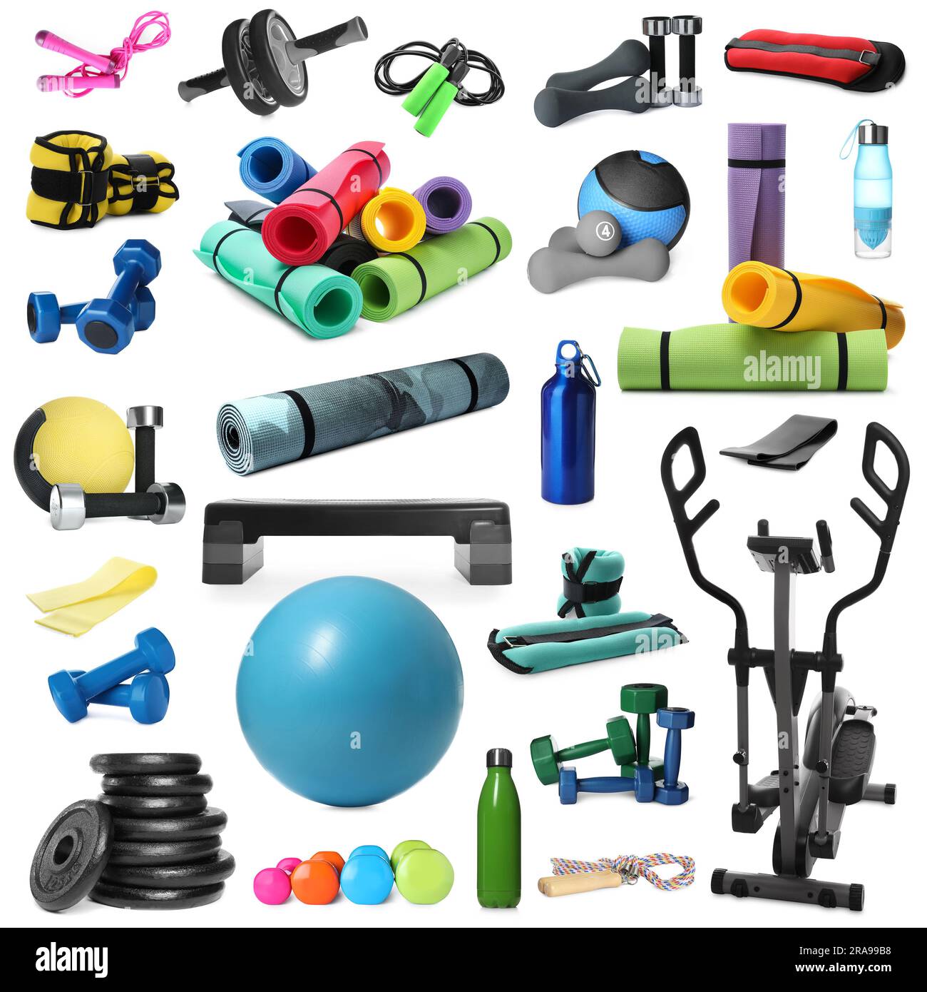 Set with different sports equipment on white background Stock Photo - Alamy