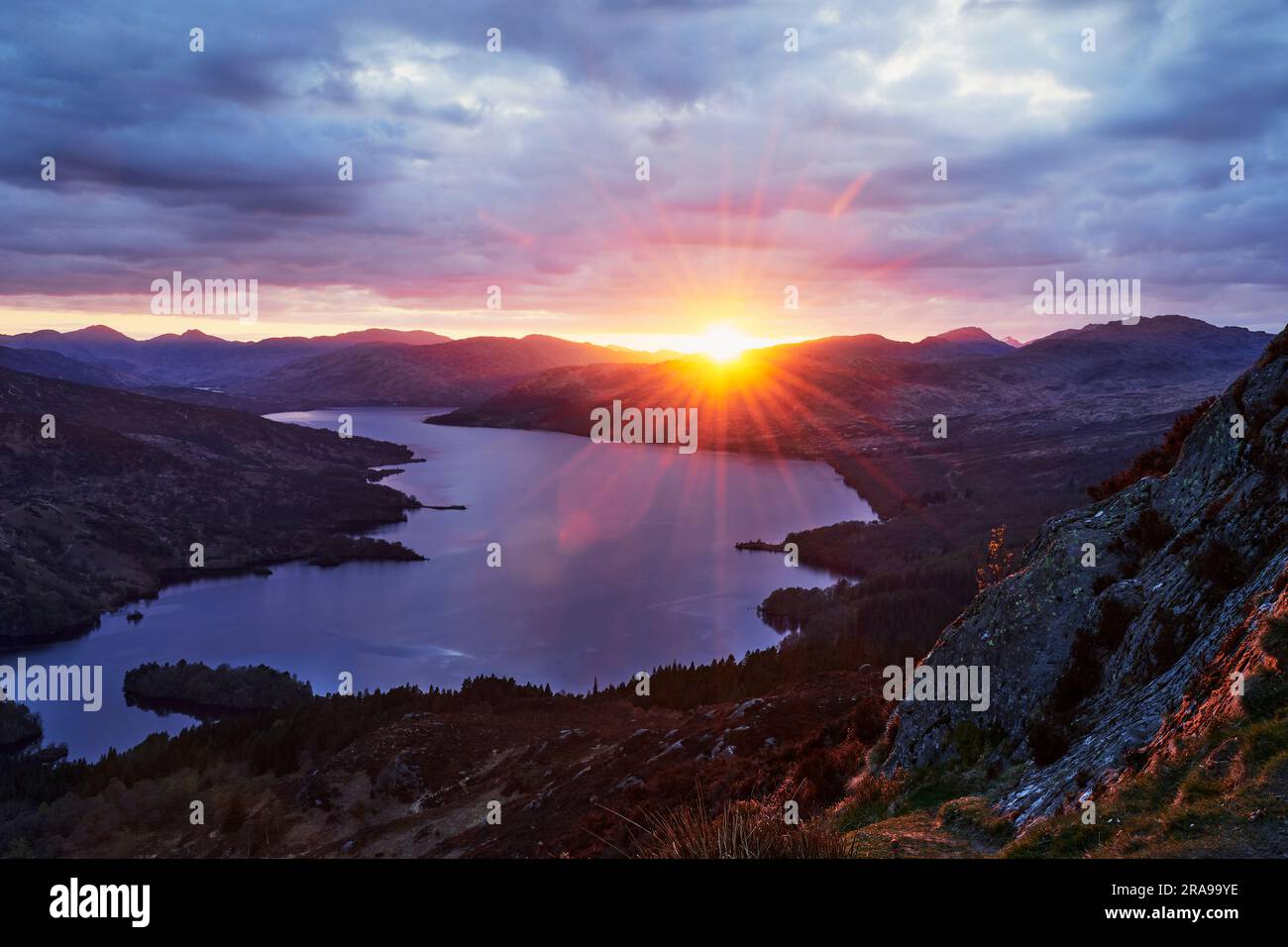 Sunset over Loch Katrine, seen from Ben Aan, Loch Lomond and the ...