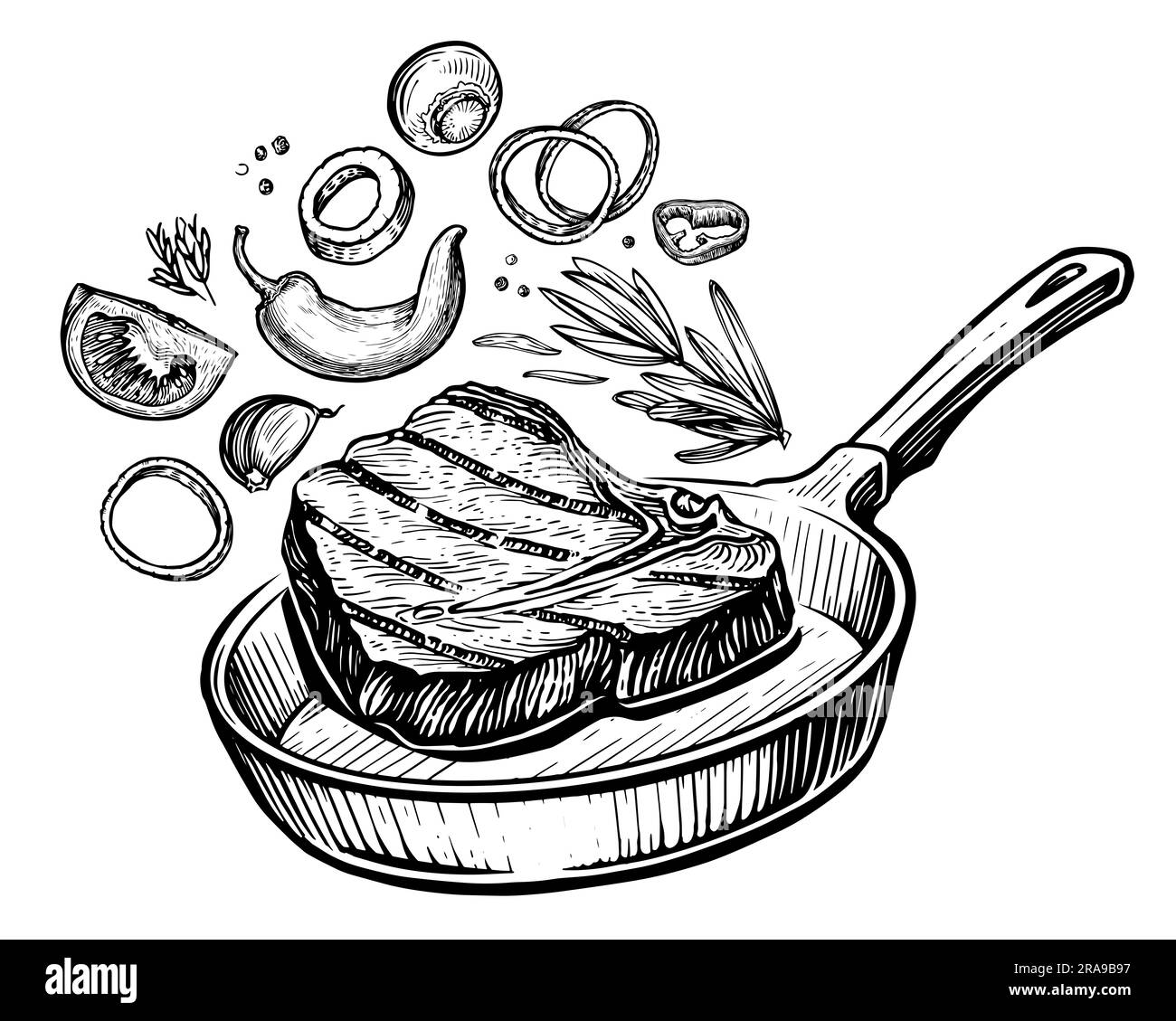 Cooking Beef Steak With Spices And Vegetables In Frying Pan Grill Food Barbecue Sketch