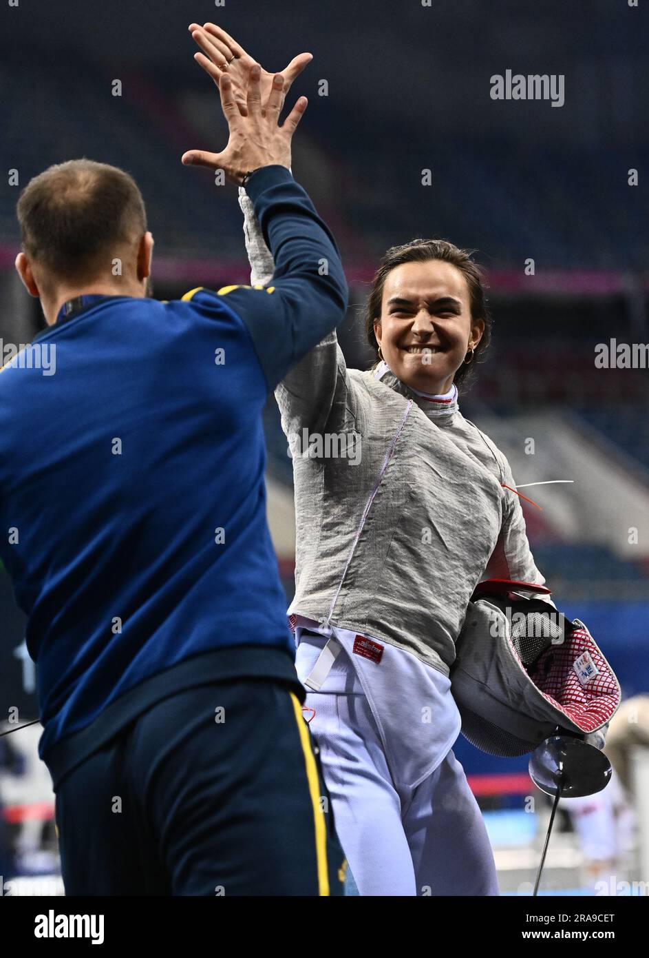 KRAKOW, POLAND 27 JUNE: Ilinca Pantis of Romania celebrate with coach ...