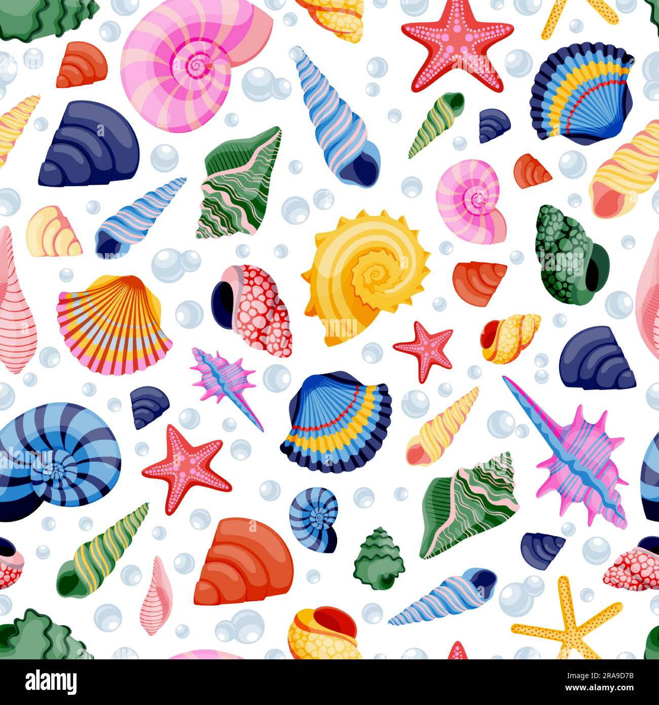 Colorful bright seashells and bubbles on white background. Summer ...