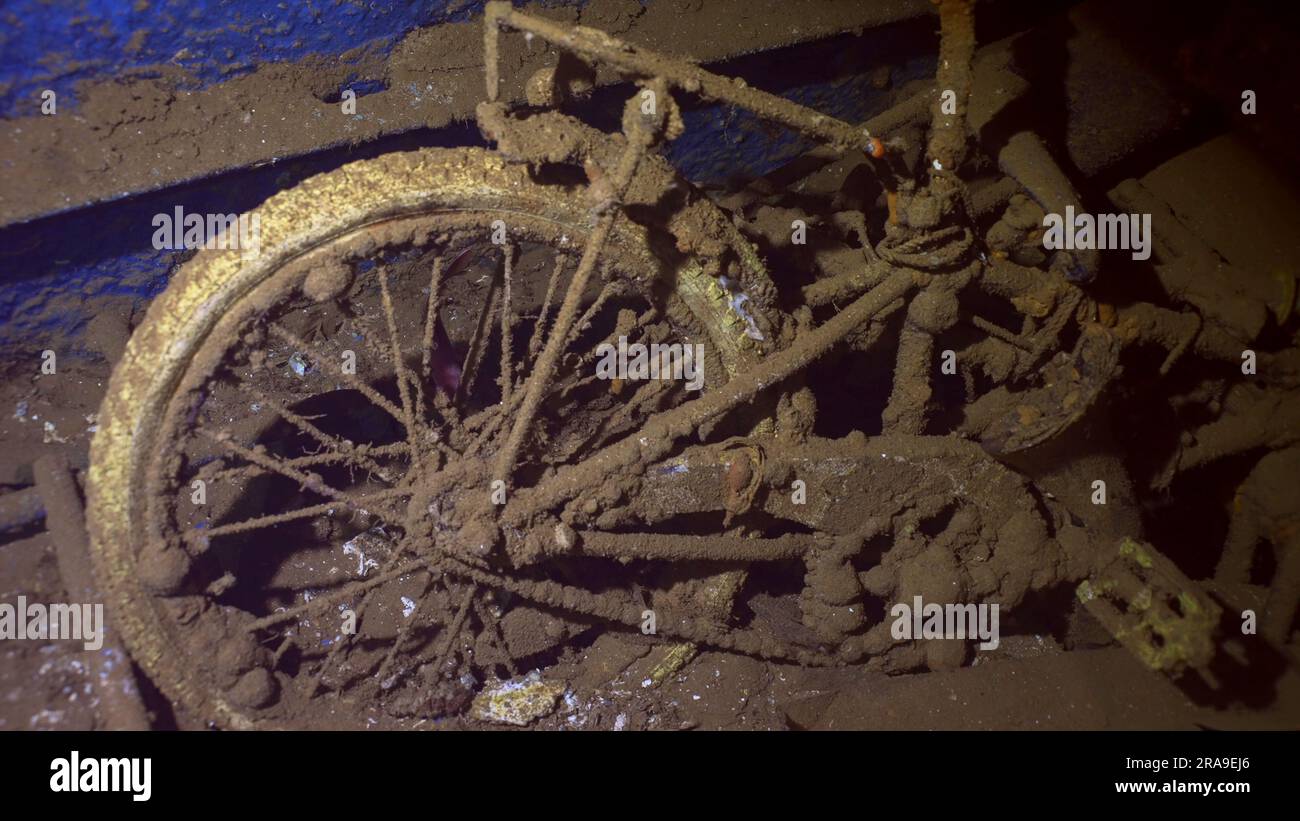 Bicycle luggage and personal belongings of passengers lie inside hold ...