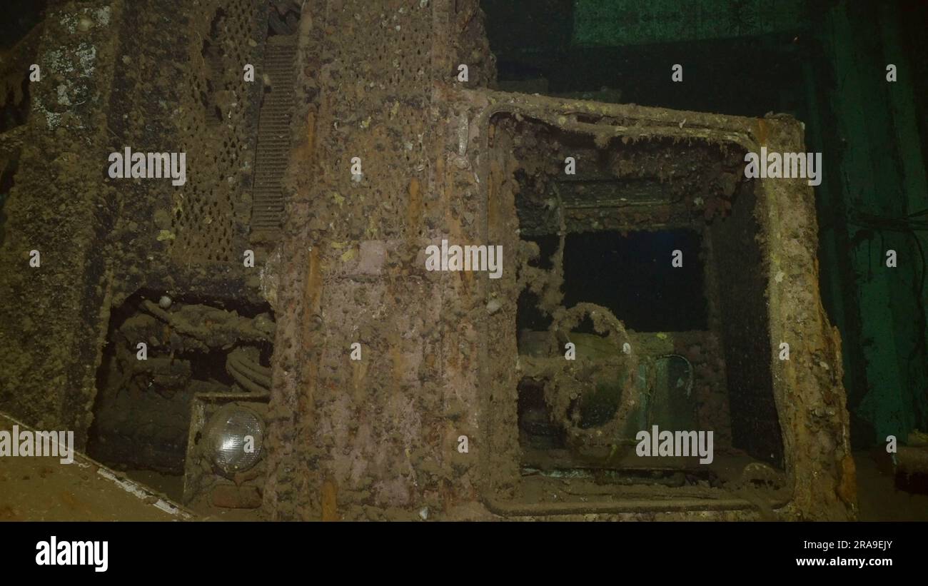 Close-up of truck cab lying on its side inside hold of ferry Salem ...