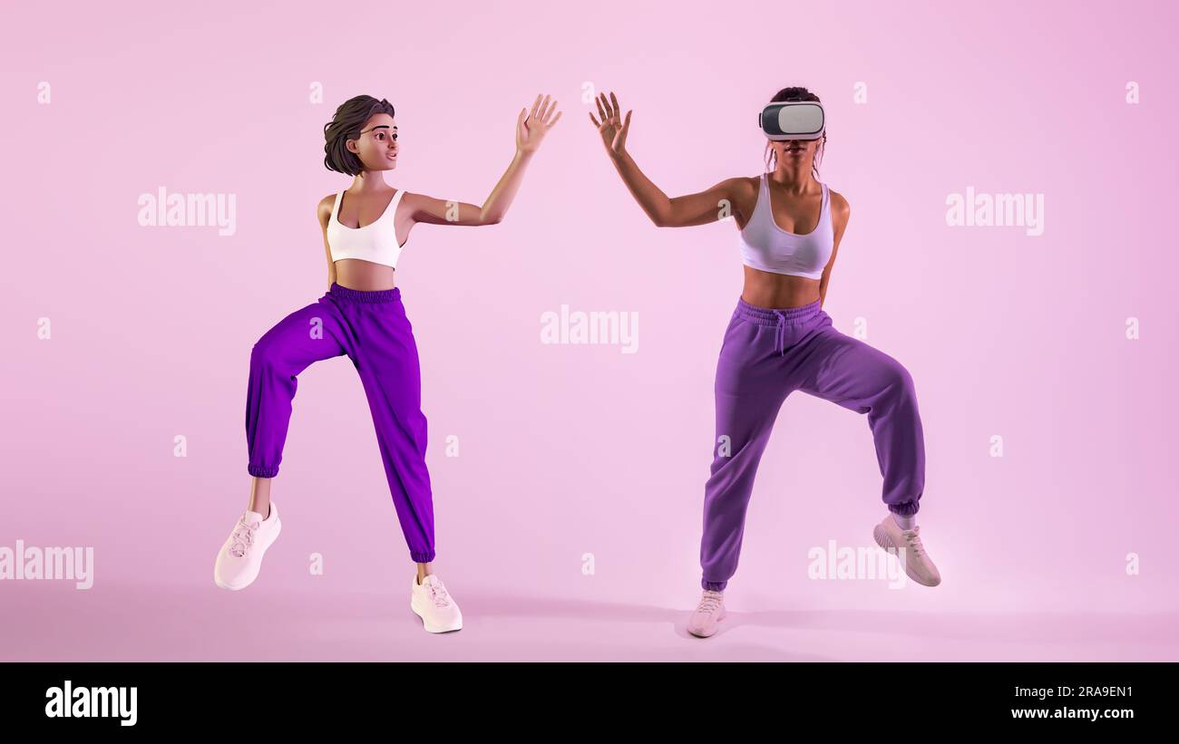 Fitness in metaverse. Sporty young black woman wearing vr glasses ...
