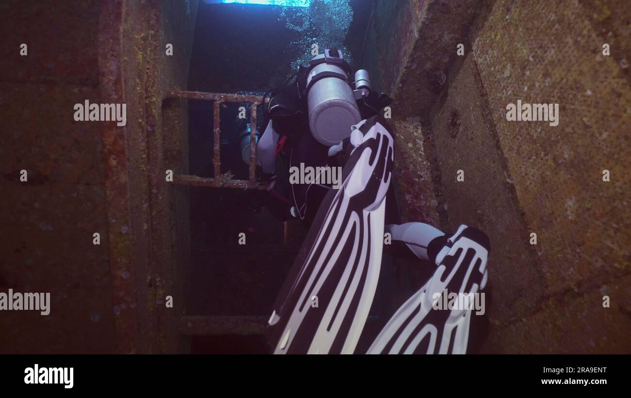 Scuba diver swim inside of ferry Salem Express shipwreck, Red sea ...