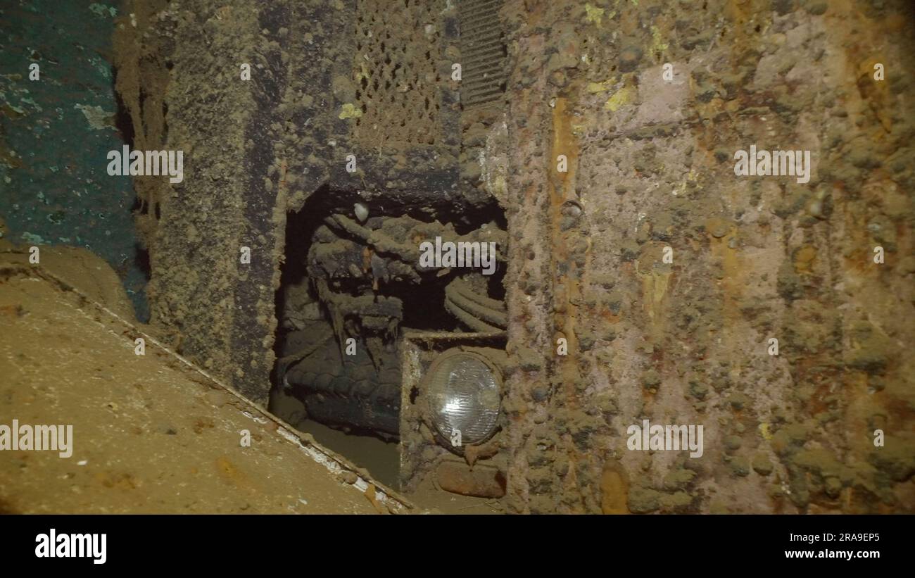 Close-up of truck cab lying on its side inside hold of ferry Salem ...
