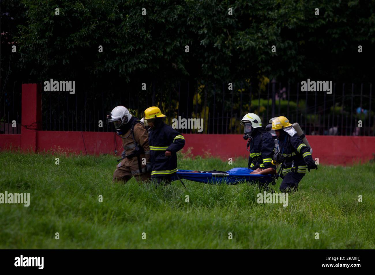Kathmandu, Nepal. 2nd July, 2023. Firefighters rescue an injured person ...