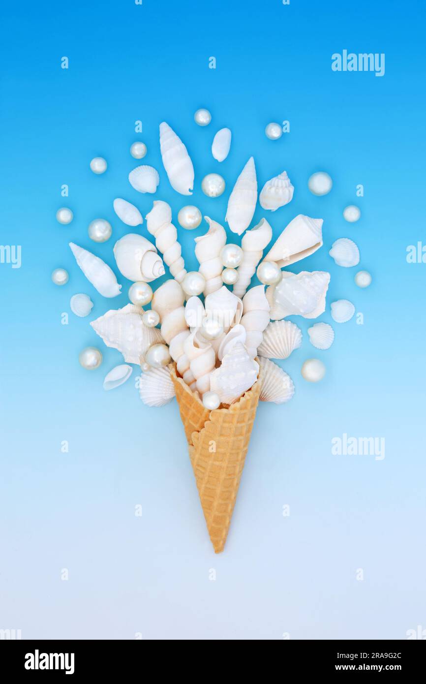 Summer seashell and pearl ice cream cone on gradient blue white ...