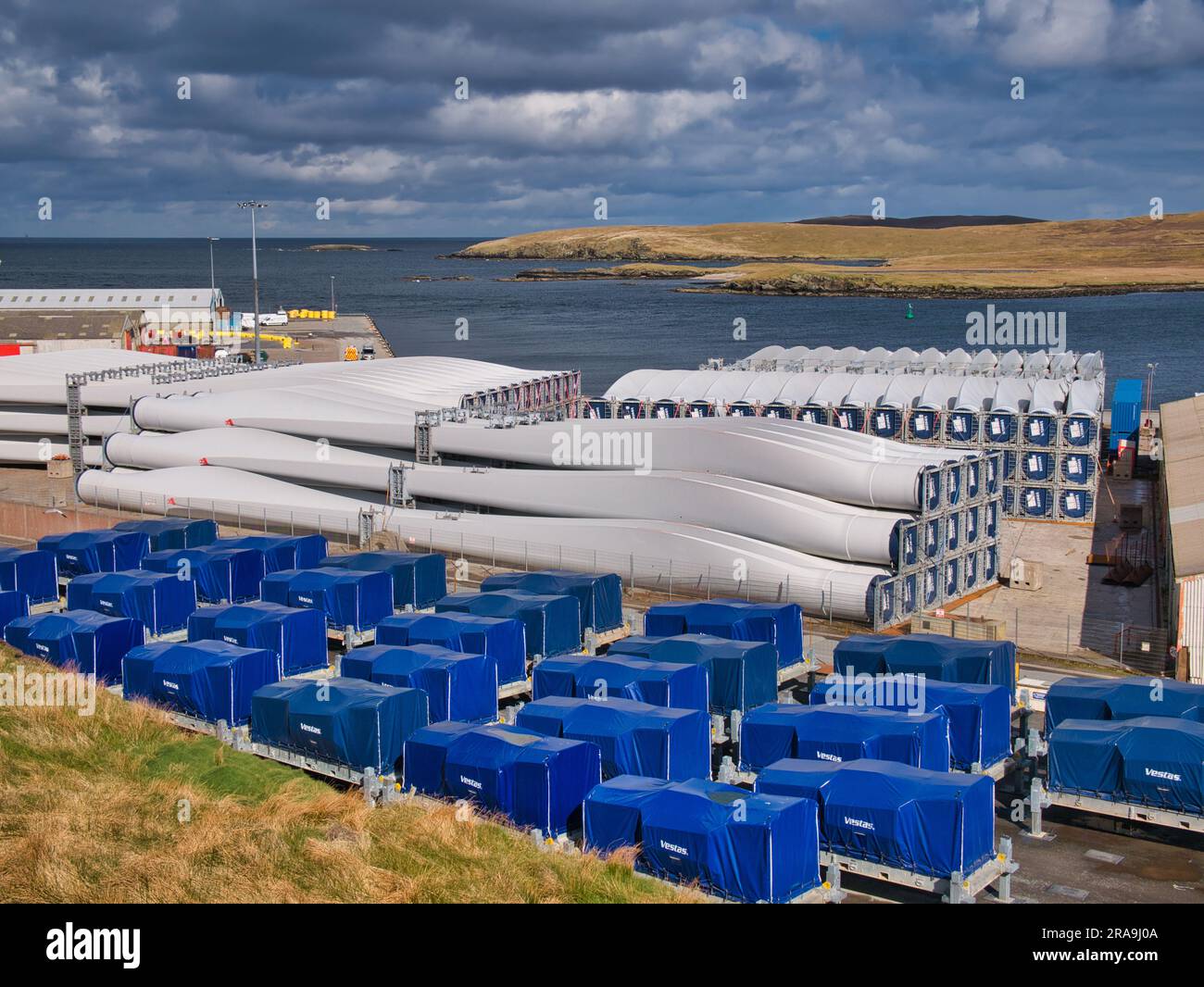 Wind turbine blades and nacelles stored for the Viking Wind Farm, under ...