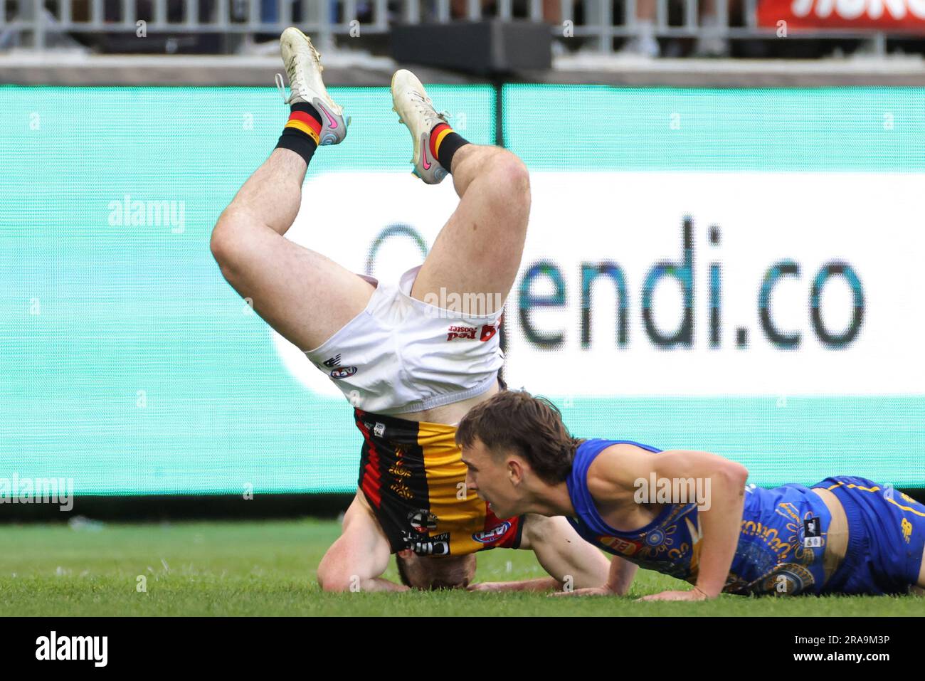 Perth, Australia. 02nd July, 2023. Jack Higgins of the Saints tumbles ...