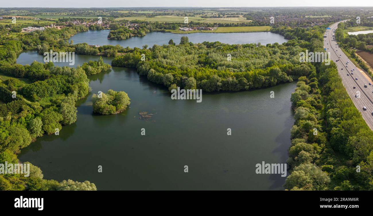 Aerial view of Bray Lake on the River Thames beside M4 motorway near ...