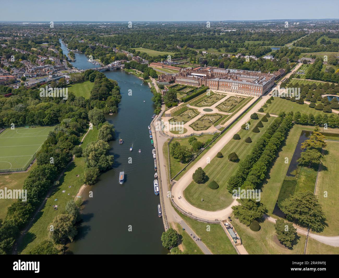 Aerial view of Hampton Court Palace and the River Thames, Surrey, UK ...