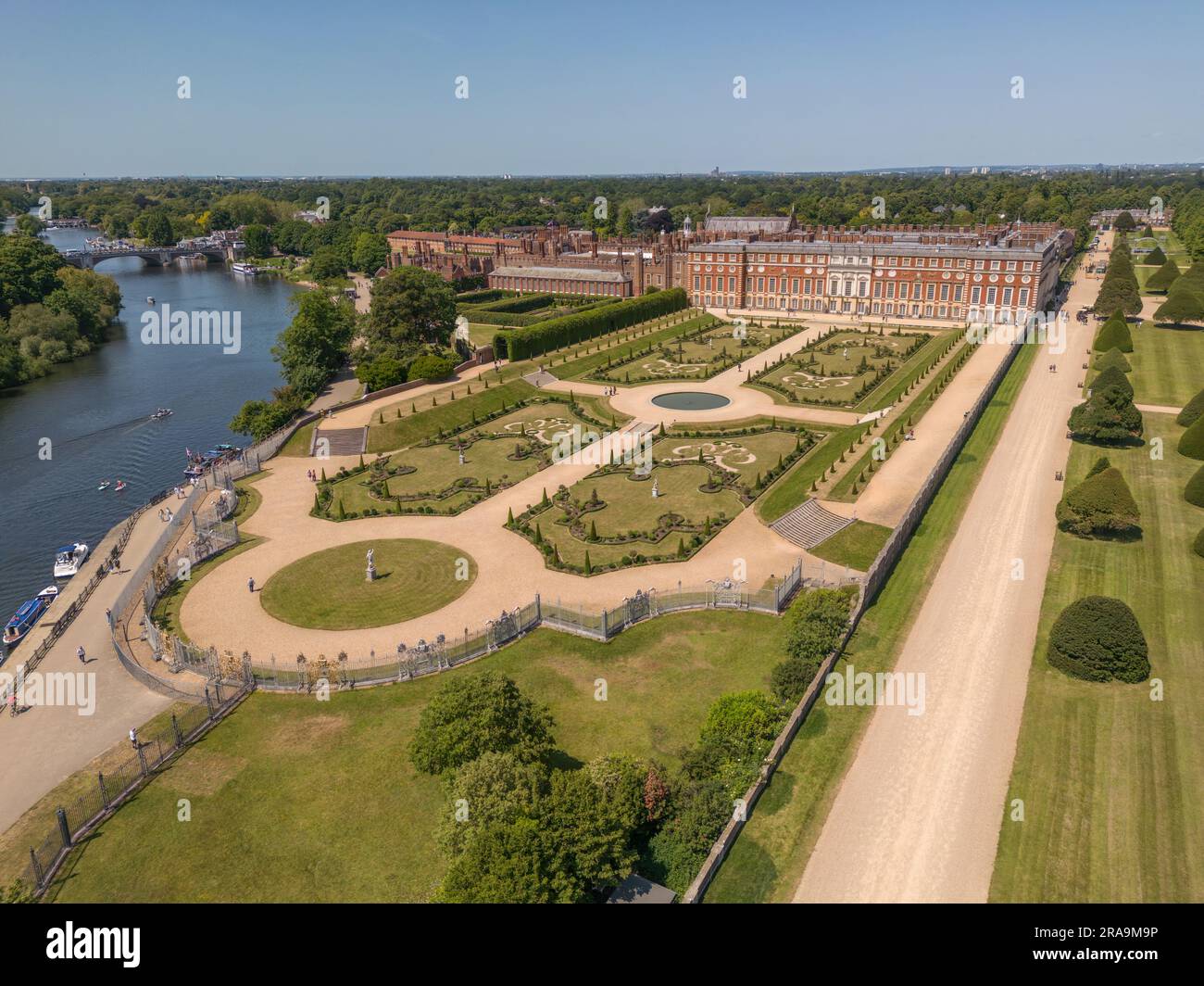 Aerial view of Hampton Court Palace and the River Thames, Surrey, UK ...