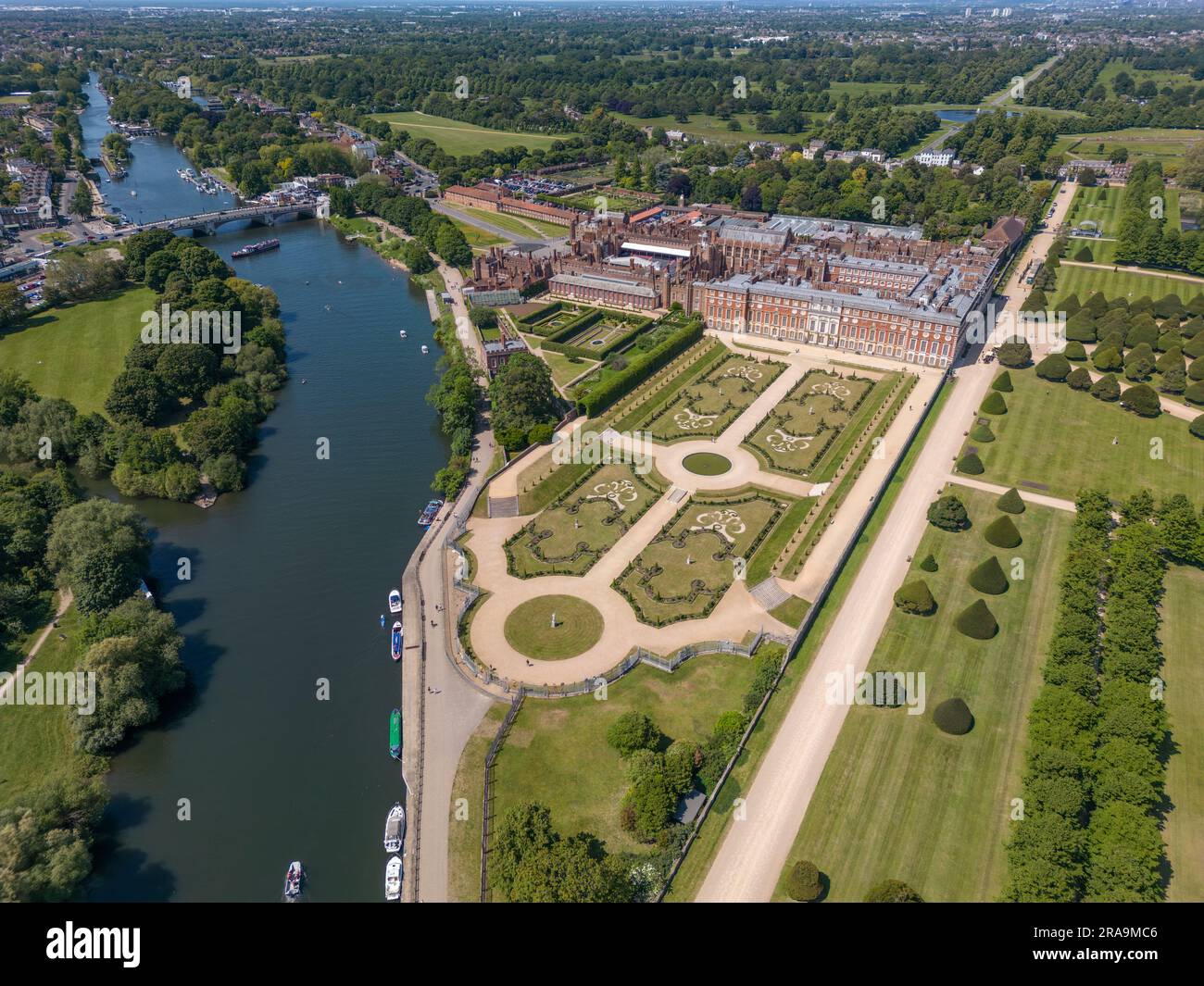 Aerial view of Hampton Court Palace and the River Thames, Surrey, UK ...