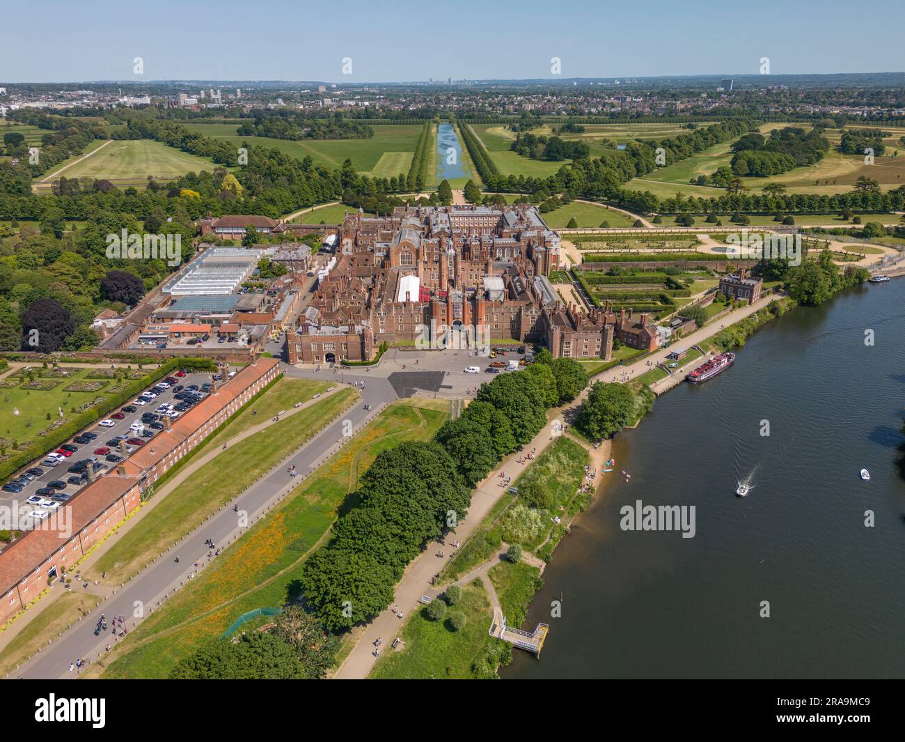 Aerial view of Hampton Court Palace and the River Thames, Surrey, UK ...