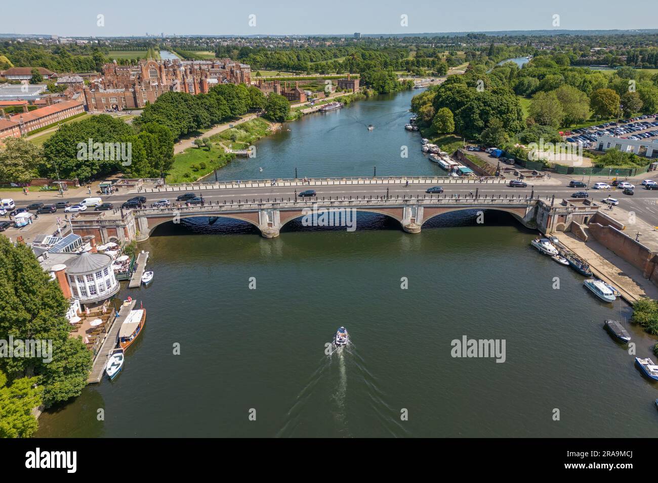 Aerial view of Hampton Court Palace, Hampton Court Bridge and the River ...
