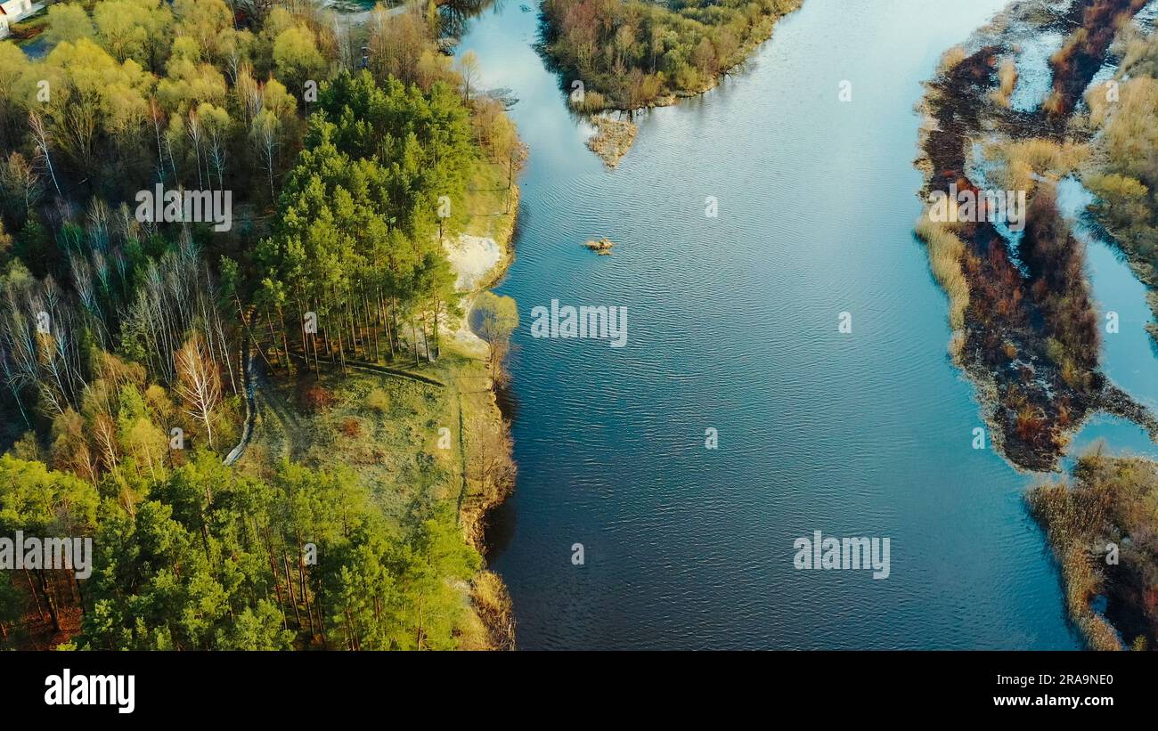 Aerial View Curved River In Early Spring Landscape. River bends and ...