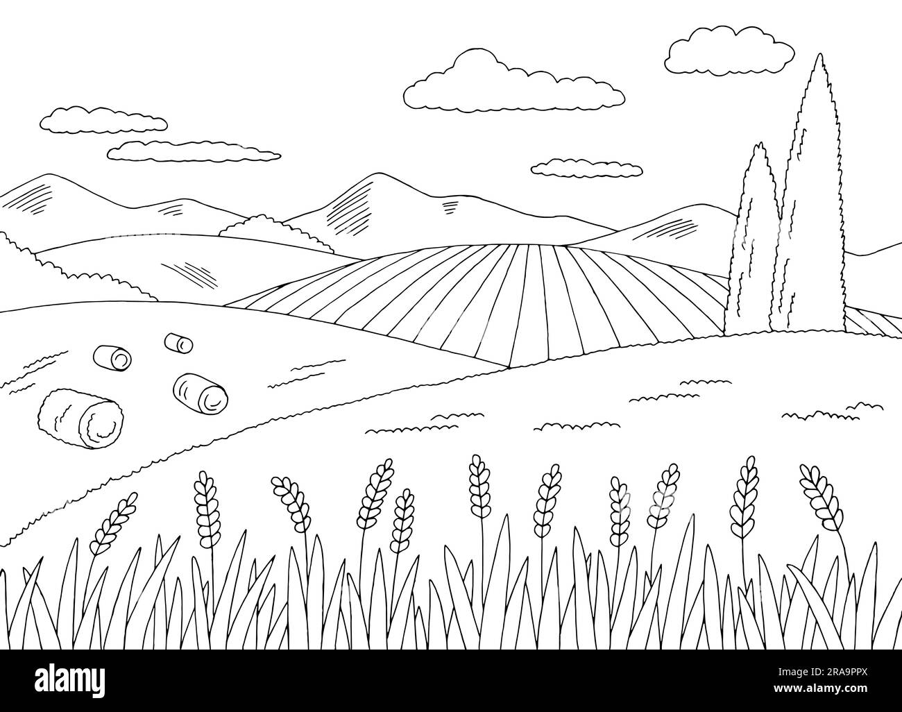 Field graphic black white landscape sketch illustration vector Stock ...