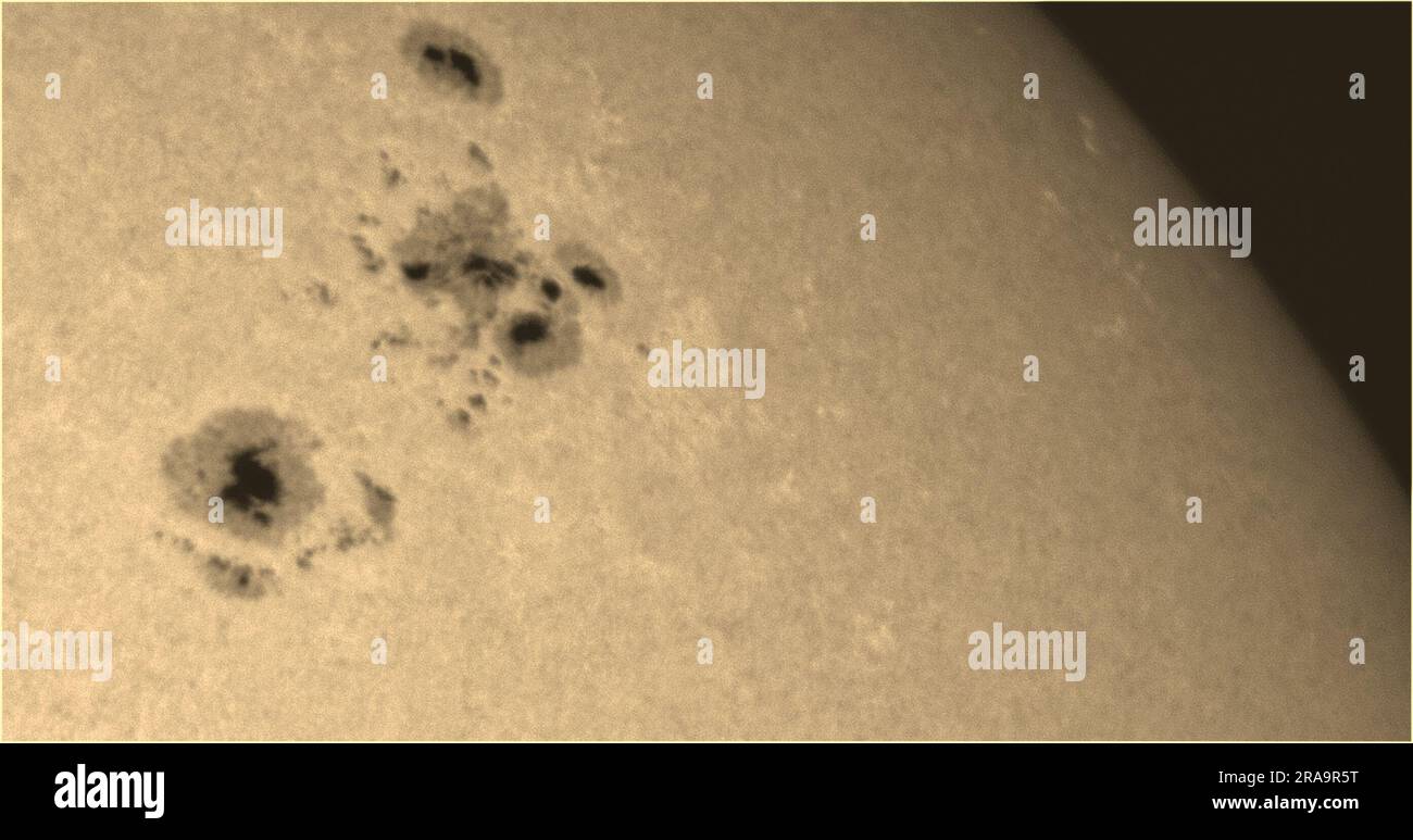 Cologne, Germany. 02nd July, 2023. The huge sunspot AR3354 (top right ...