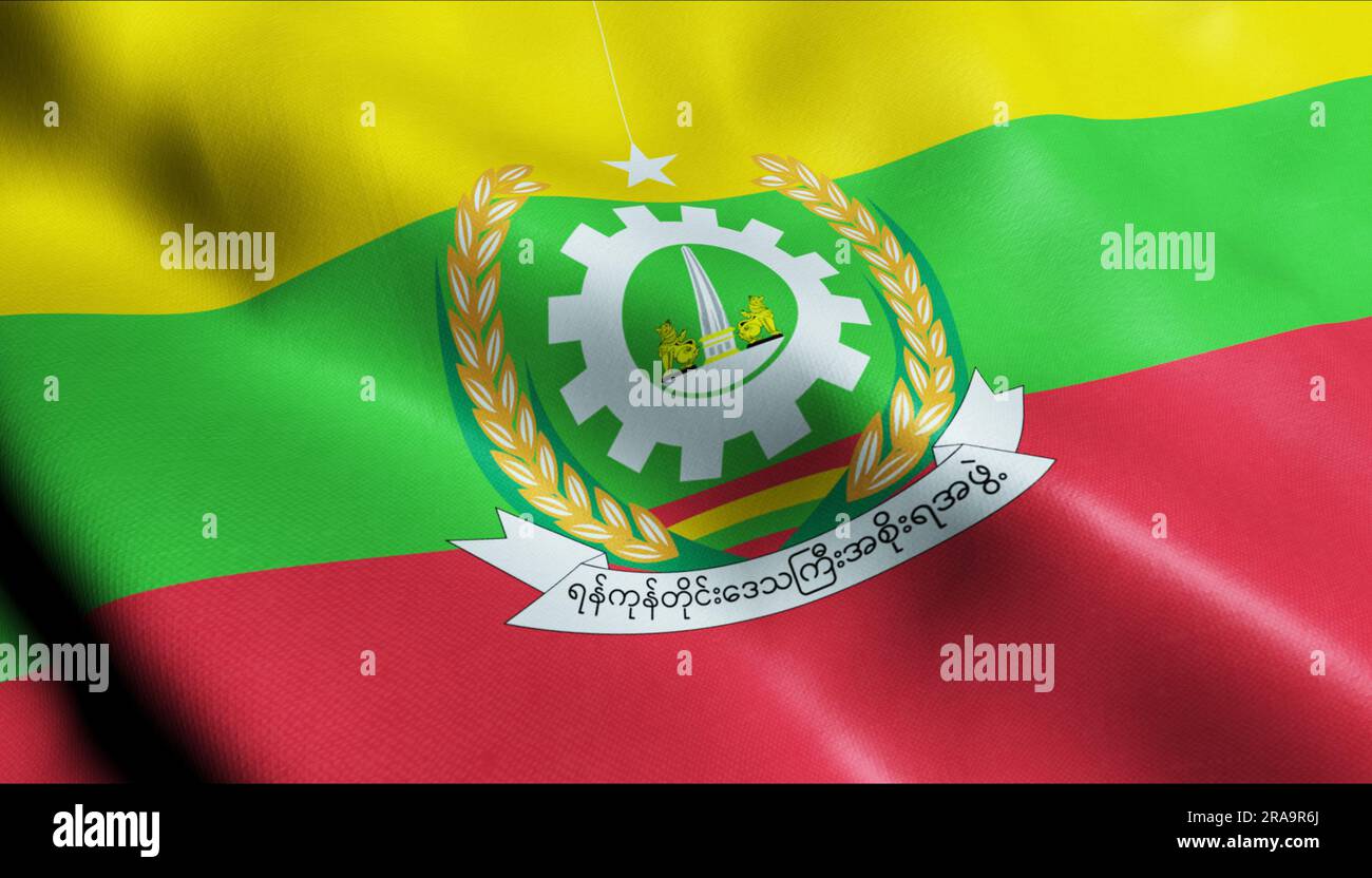 3D Illustration of a waving Myanmar province flag of Yangon Stock Photo ...