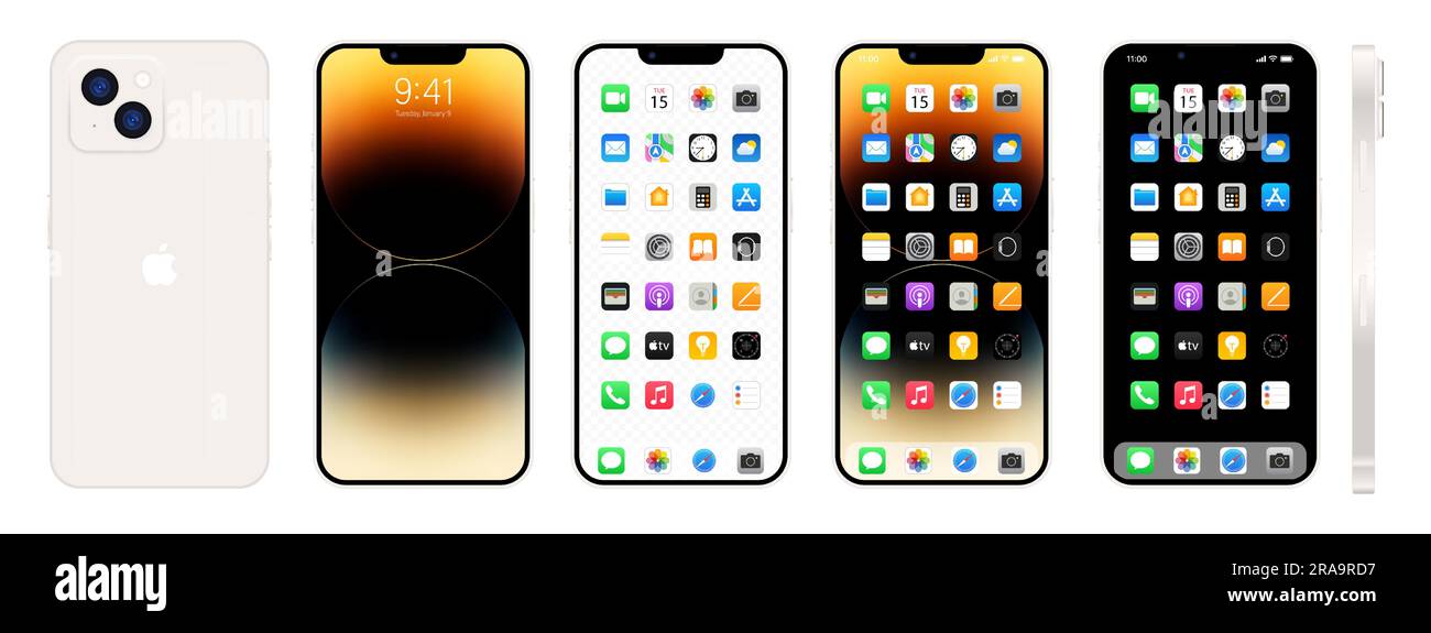 New white Iphone 14. Apple inc. smartphone with ios 14. Locked screen ...