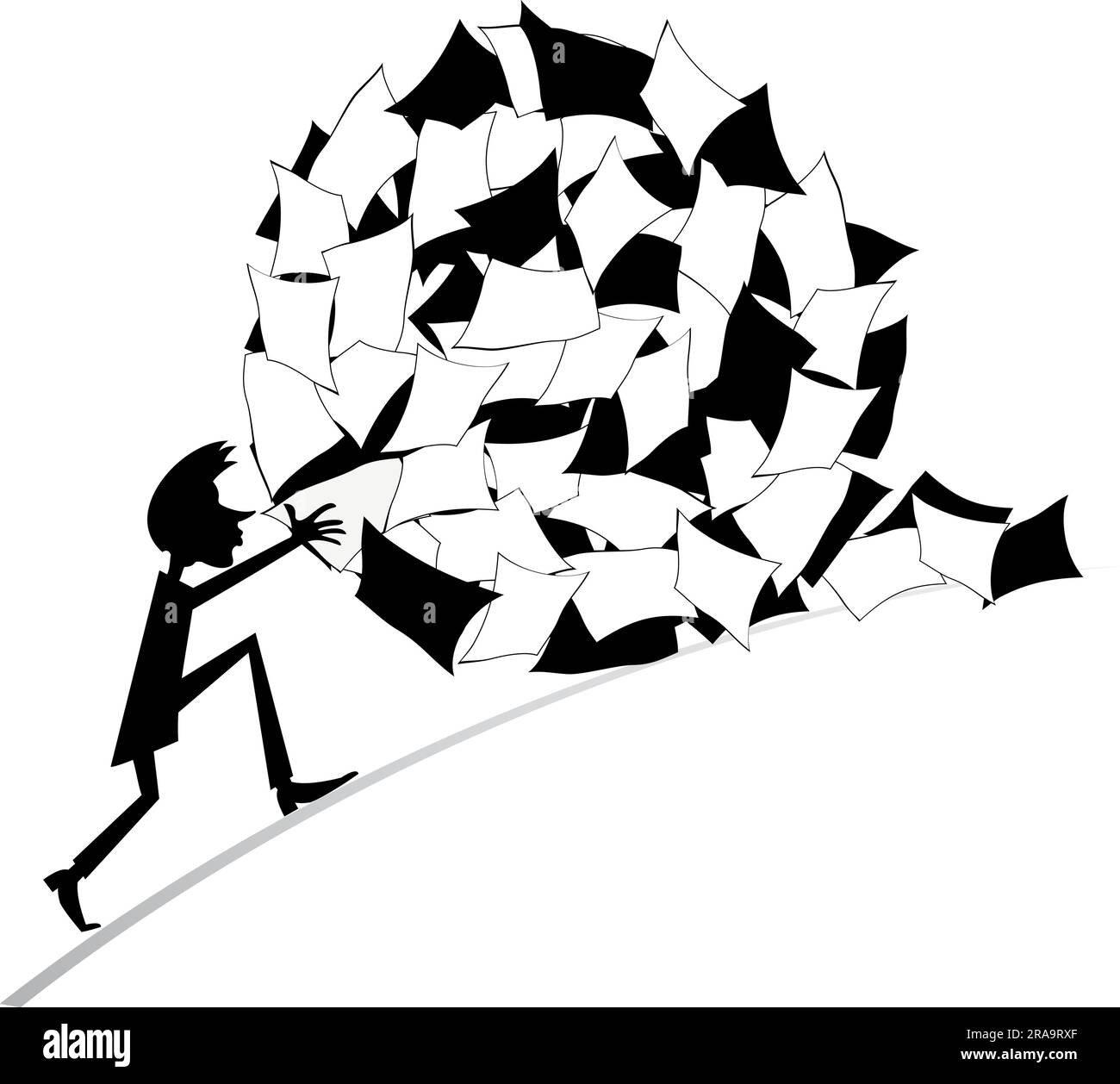 Hard working man concept illustration. Pile, ball of papers Stock ...