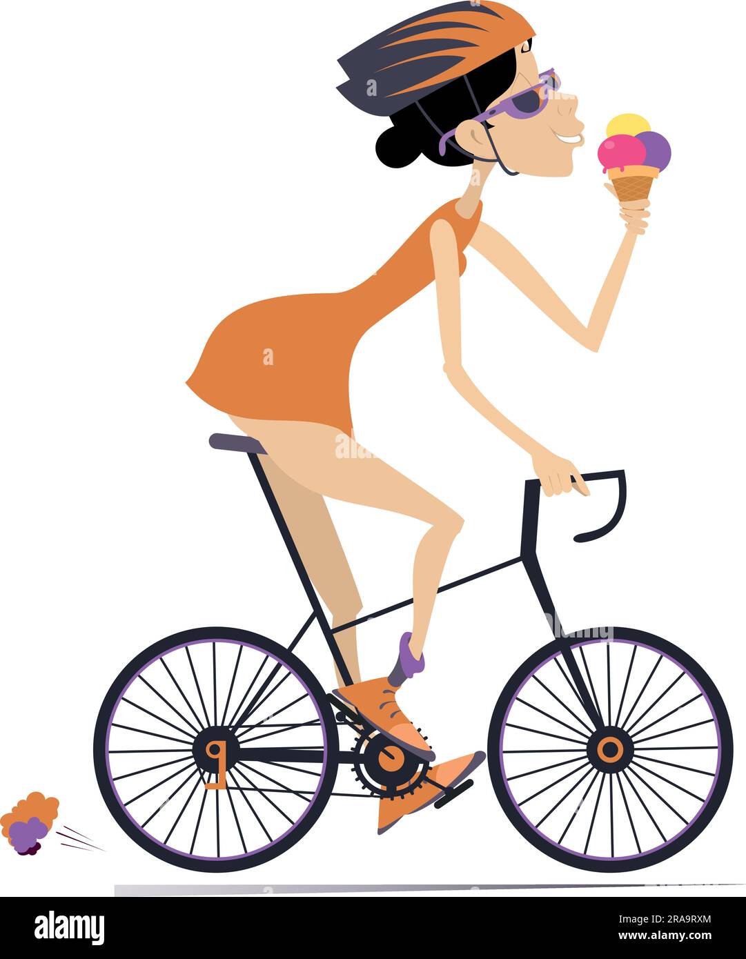 Cartoon cycling woman eating an ice cream. Smiling cyclist woman in ...