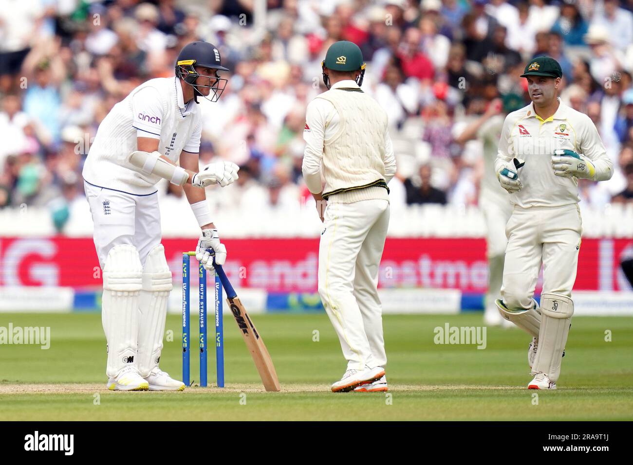 England's Stuart Broad grounds his bat as Australia's Marnus ...