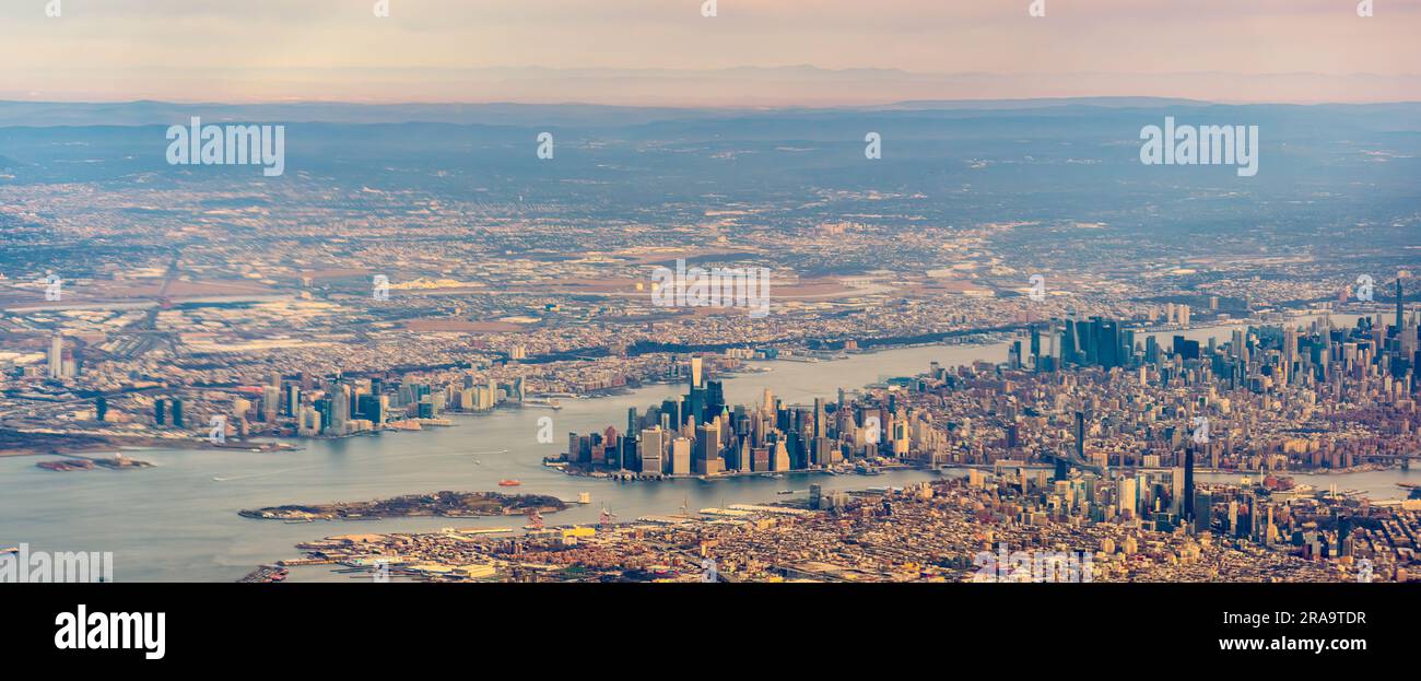 Aerial view of Manhattan from Plane with cloudy skies Stock Photo - Alamy