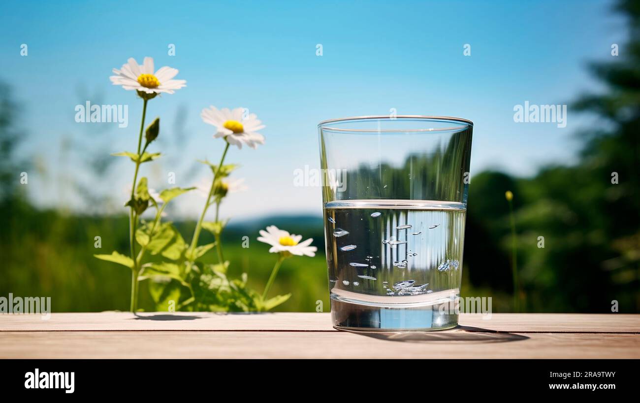 Glass of water on table in front of green landscape. Fresh mineral ...