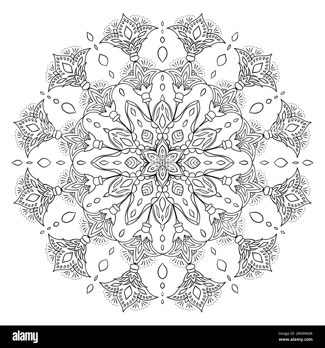 Flower mandala coloring page. Simple symmetric floral shape for mindful ...