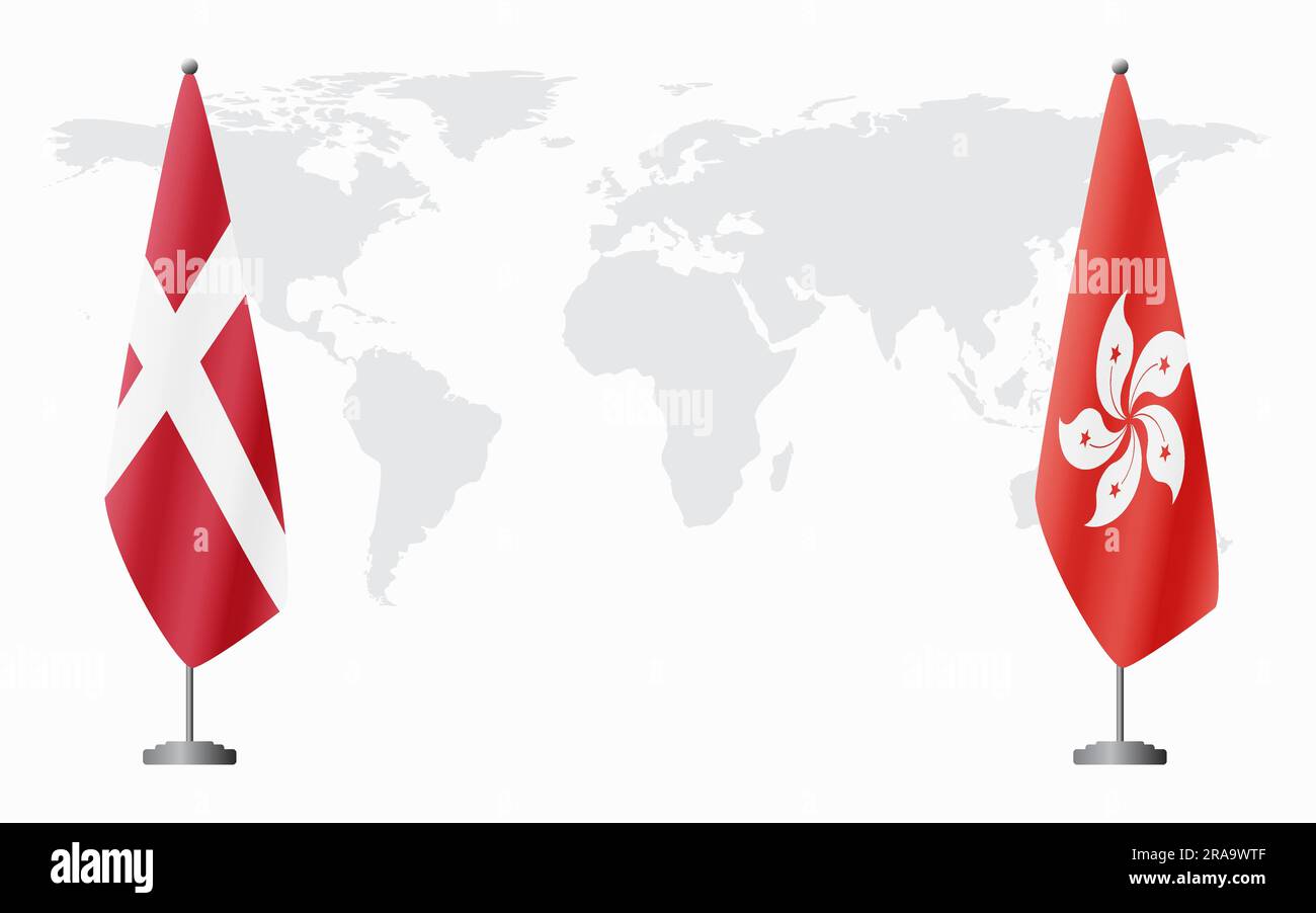 Denmark and Hong Kong flags for official meeting against background of ...