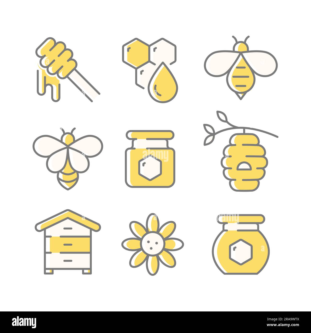 Honey, bee and honeycomb fill vector icon set. Jar, honey dipper and beehive icons Stock Vector ...