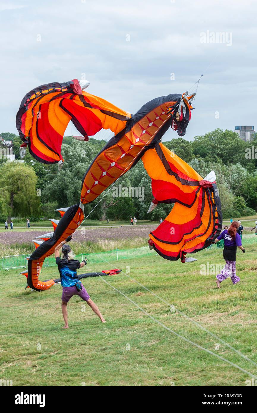 London, UK. 2 July 2023. Members of the Kite Society of Great Britain ...