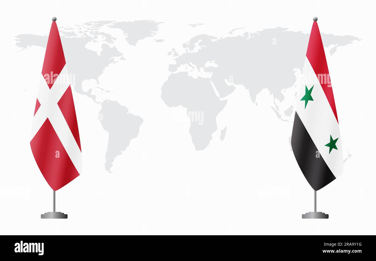 Denmark and Syria flags for official meeting against background of ...