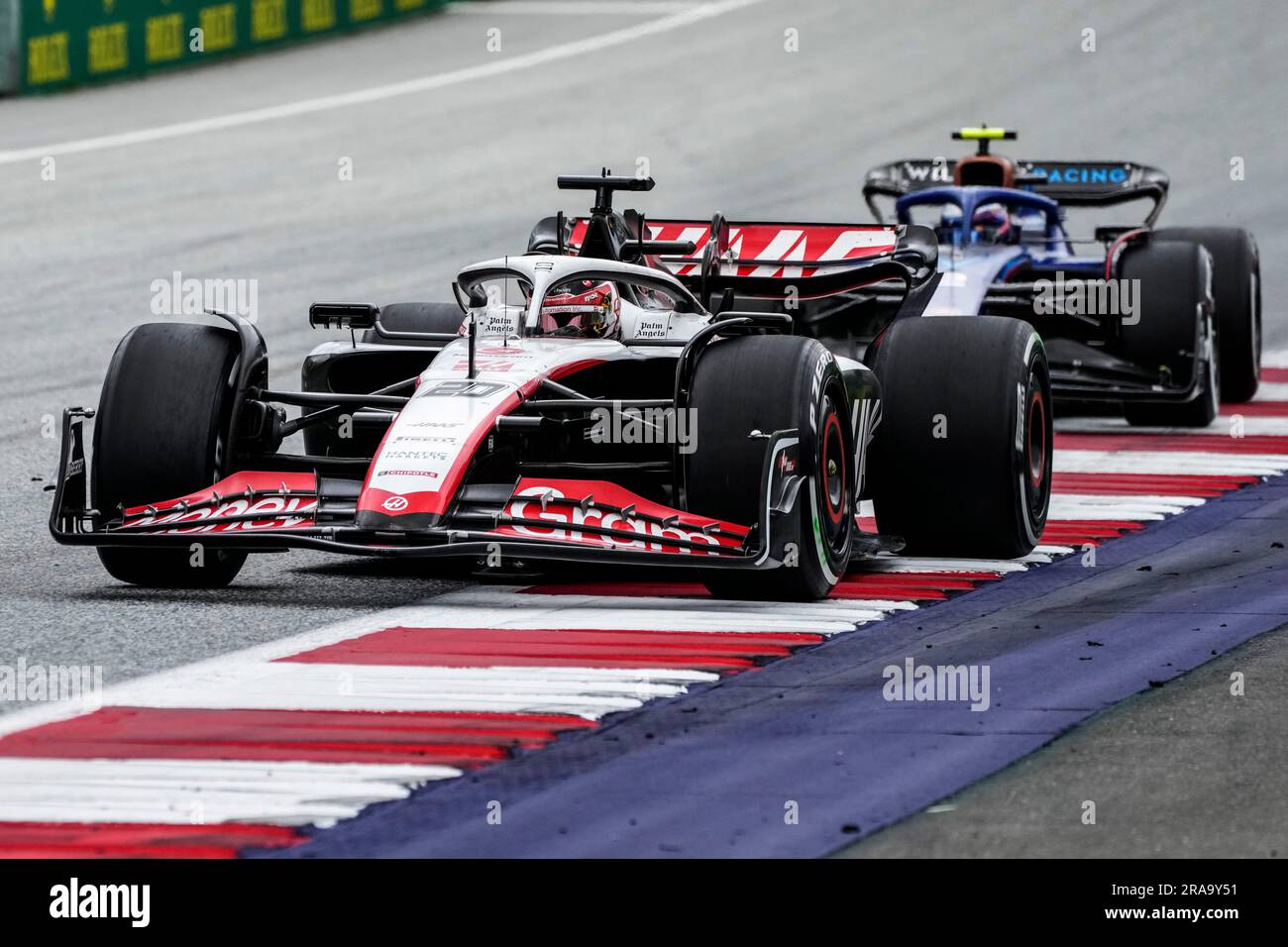 Haas driver Kevin Magnussen of Denmark steers his car during the ...