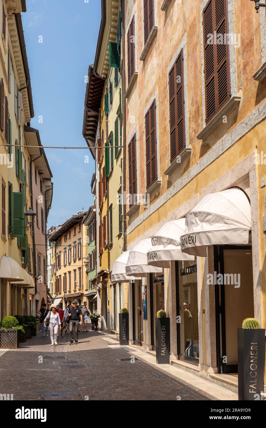 A picturesque colourful street in Salo town, Salo, Lake Garda, Italy ...