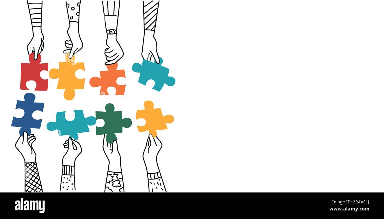 Teamwork concept. People hold in hands and connect the pieces of jigsaw ...