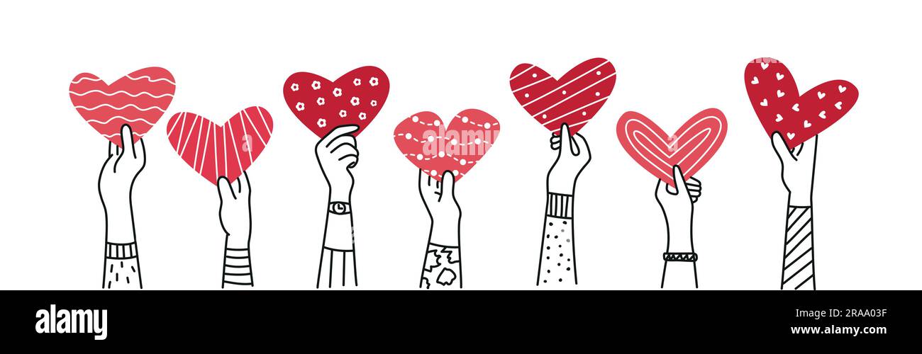 Hands donate hearts. Charity, volunteer and community help symbol with ...