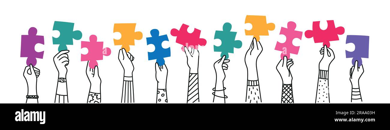 Arms of hands of people or co-workers holding jigsaw puzzle. Union and ...