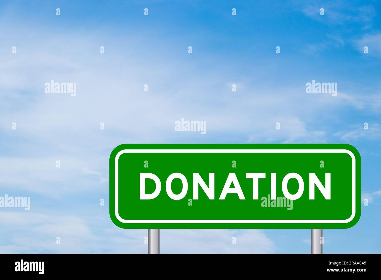 Green color transportation sign with word donation on blue sky with ...