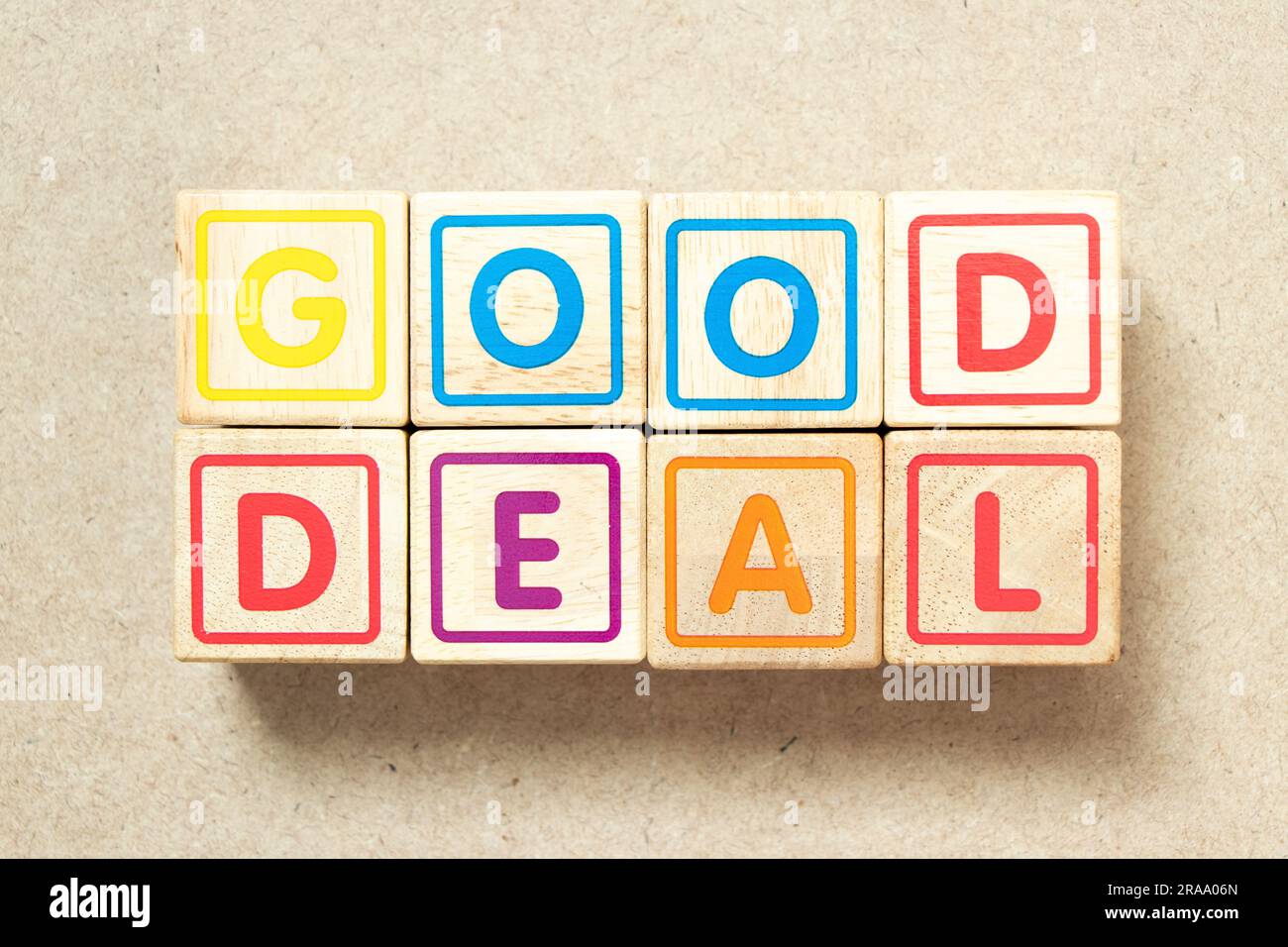 Wooden alphabet letter block in word good deal on wood background Stock ...