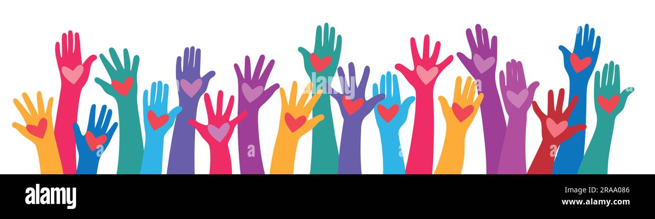 Human hands Raised up with red hearts. Charity, volunteering and ...