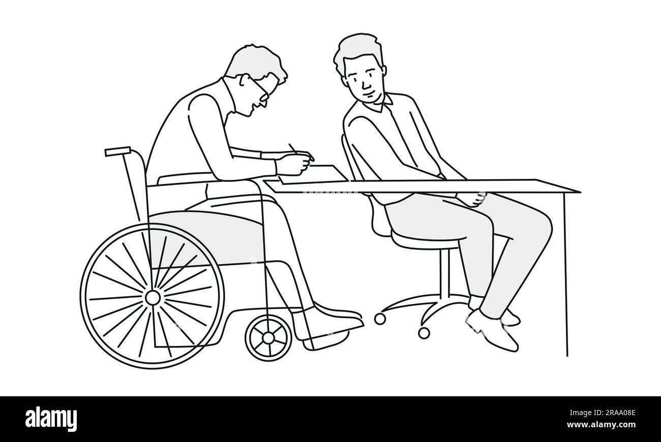 Disabled person businessman working in office. Hand drawn vector ...